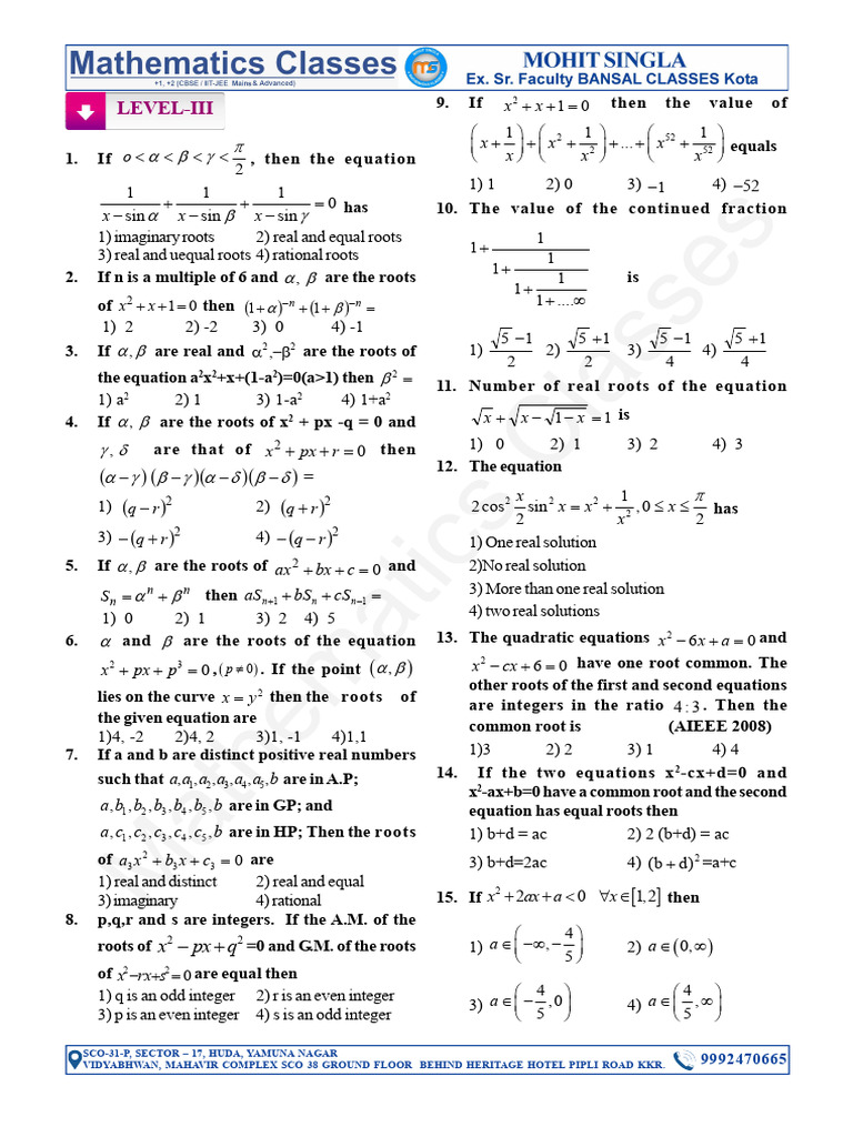 Level-III (Quadratic Eqts & Expressions) | PDF | Quadratic Equation | Zero Of A Function