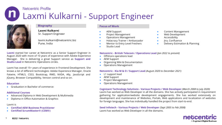 One Page Profile - Laxmi Kulkarni - Senior Support Engineer | PDF | Web Development | World Wide Web