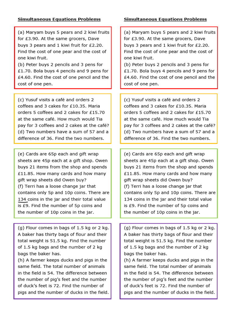 Simultaneous Equations Worksheet | PDF | Equations | Mathematical Concepts