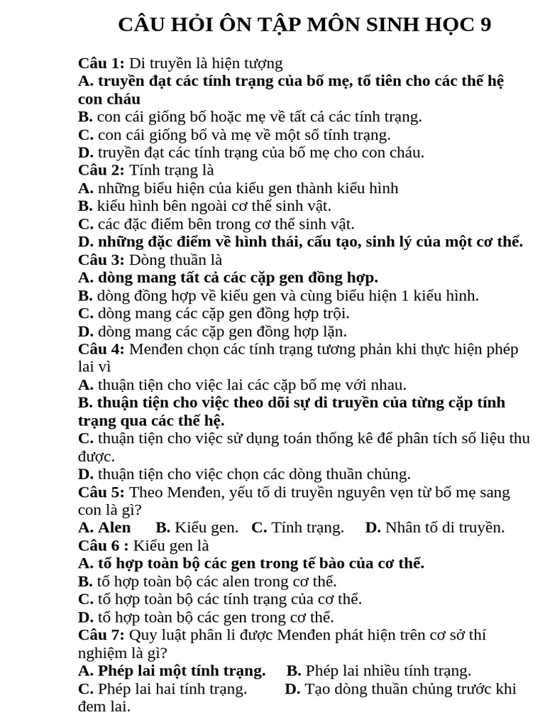 ĐỀ CƯƠNG ÔN TẬP SINH 9 | PDF