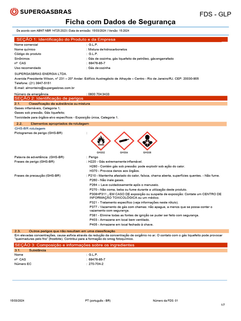 Supergasbras Fds GLP Rev15 | PDF | Gás liquefeito de petróleo | Incêndios
