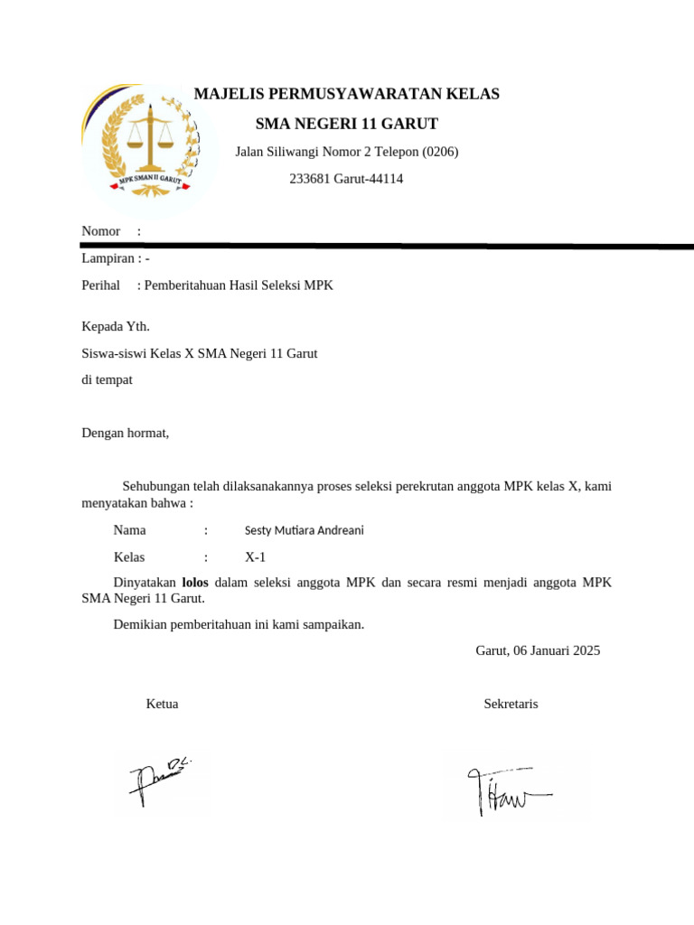 SURAT PEMBERITAHUAN HASIL SELEKSI ANGGOTA MPK 2024 | PDF