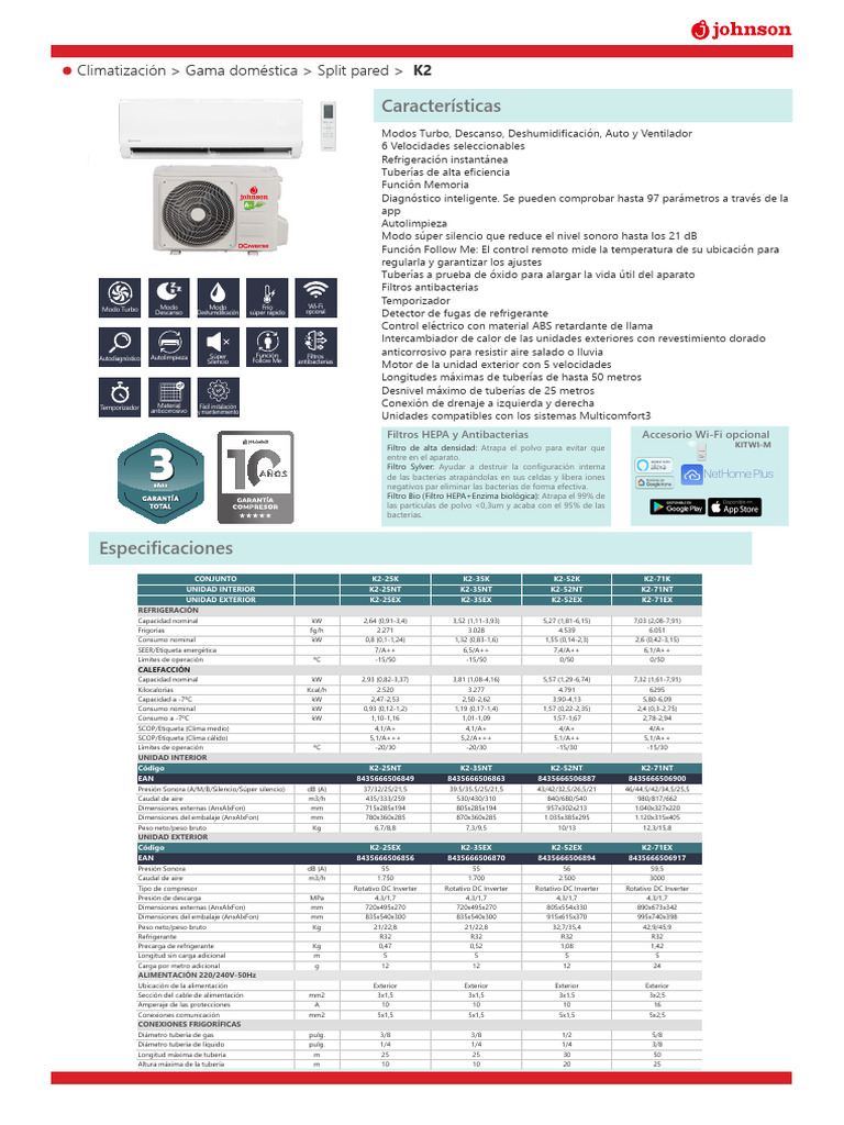 Documentación Técnica Johnson - Climatización Del Hogar - Splits AACC - K2 - K2 - Ficha ...