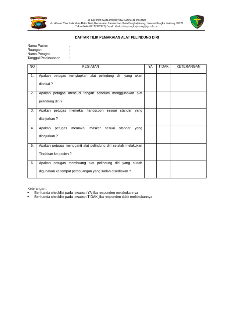 DAFTAR TILIK PEMAKAIAN ALAT PELINDUNG DIRI | PDF
