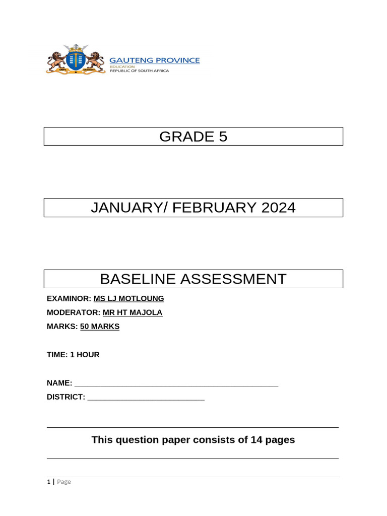 Geography Grade 5 Baseline Assessment Tasks | PDF | Agriculture ...