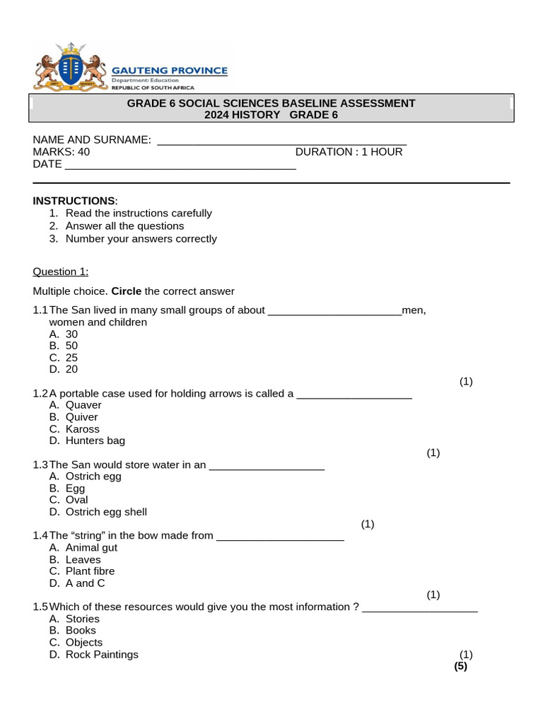 Grade 6 History Baseline Assessment With Memo | PDF | Ancient Egypt ...