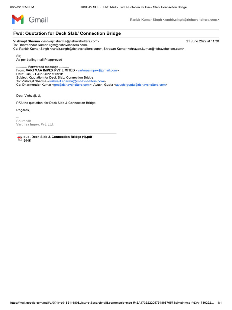 RISHAV SHELTERS Mail - FWD - Quotation For Deck Slab - Connection ...