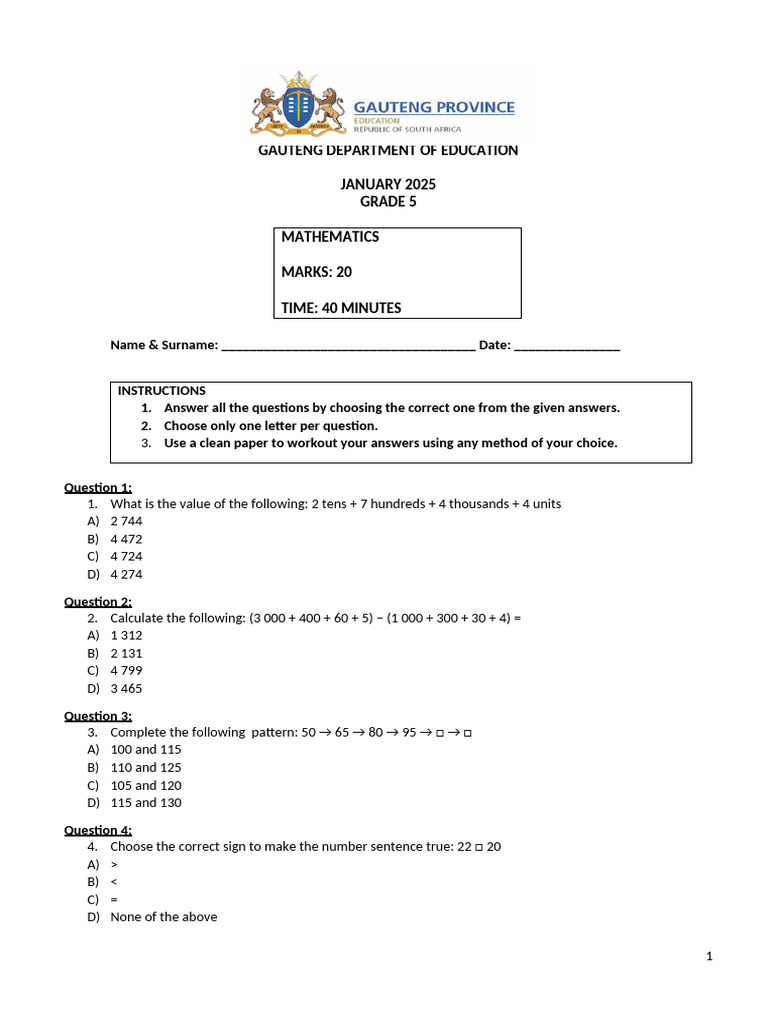 Grade 5 Baseline Assessment 2 | PDF | Evaluation Methods | Tests