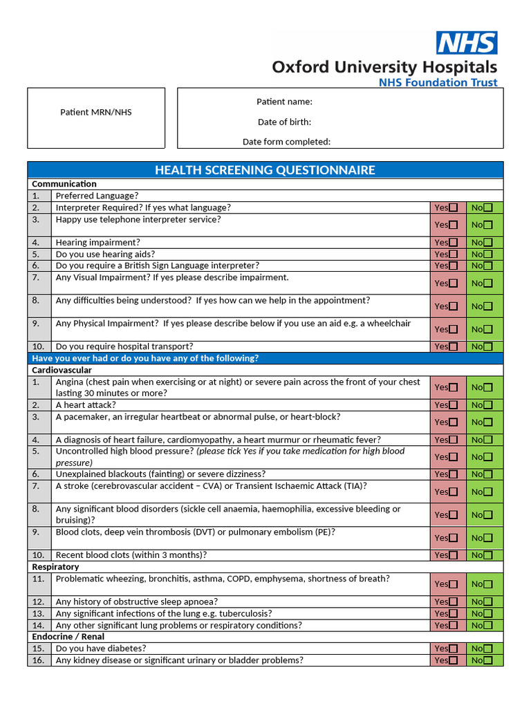 Health Questionnaire | PDF | Respiratory Diseases | Heart