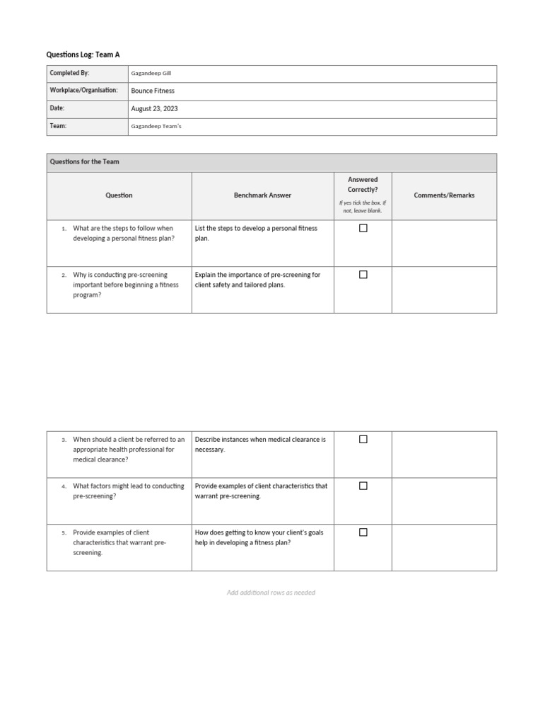 BSBCRT511 - Task1.2 Questions Log | PDF | Physical Fitness | Personal Trainer