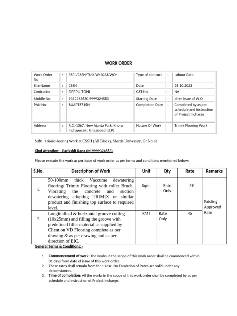 Work Order For Plaster Work of Trimix Flooring | PDF | Employment