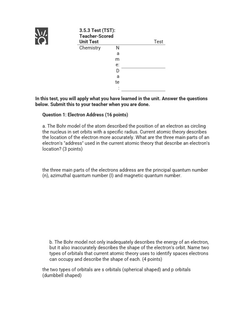 3.5.3 Test (TST) - Teacher-Scored Unit Test (Test) | PDF | Chemical ...