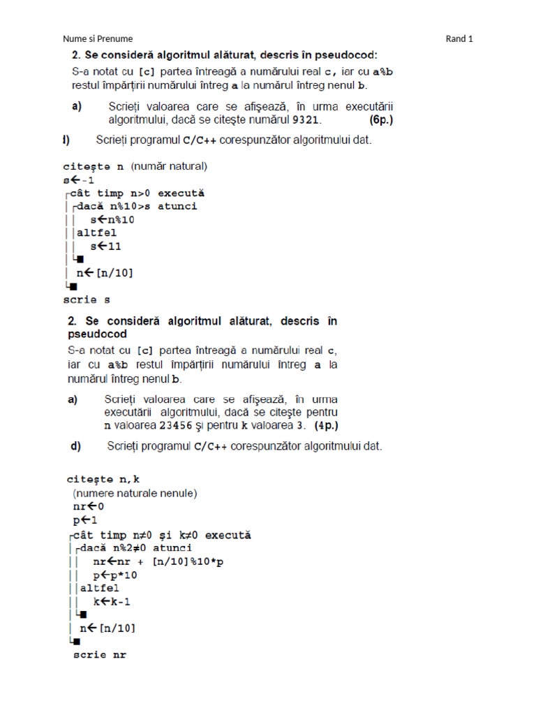 Nume Si Prenume Rand 1 | PDF
