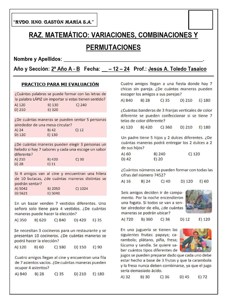 2° Año de Secundaria-Rm-Variaciones y Combinaciones-Problemas-Gm2024 | PDF