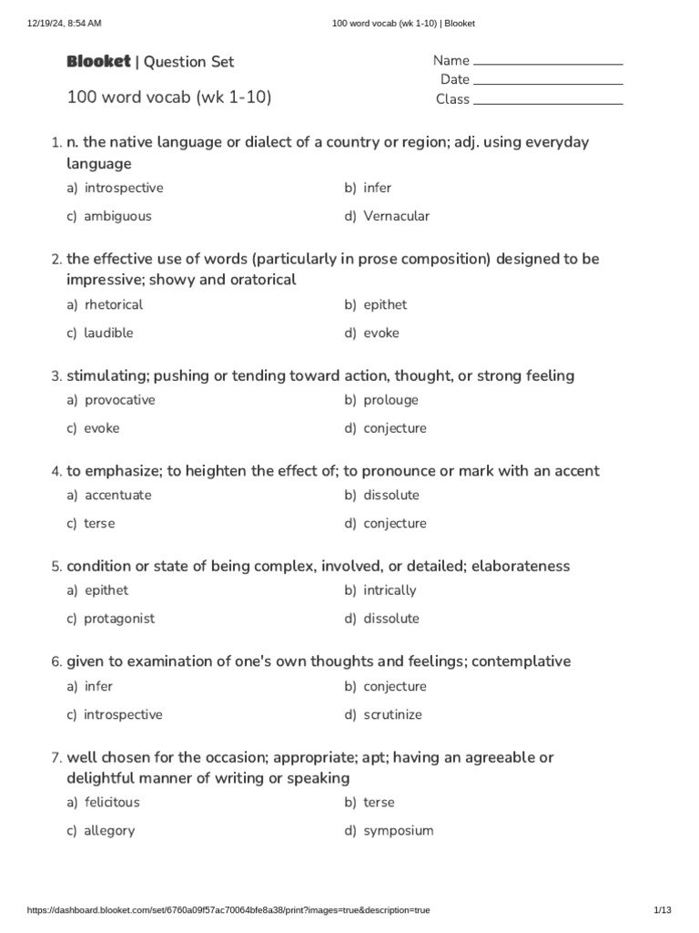 100 Word Vocab (WK 1-10) - Blooket | PDF | Linguistics