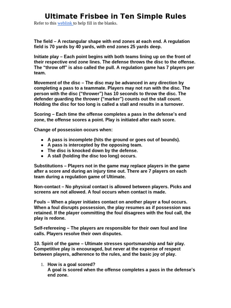 Ultimate Frisbee Rules Worksheet Gabriel Leonet | PDF | National ...