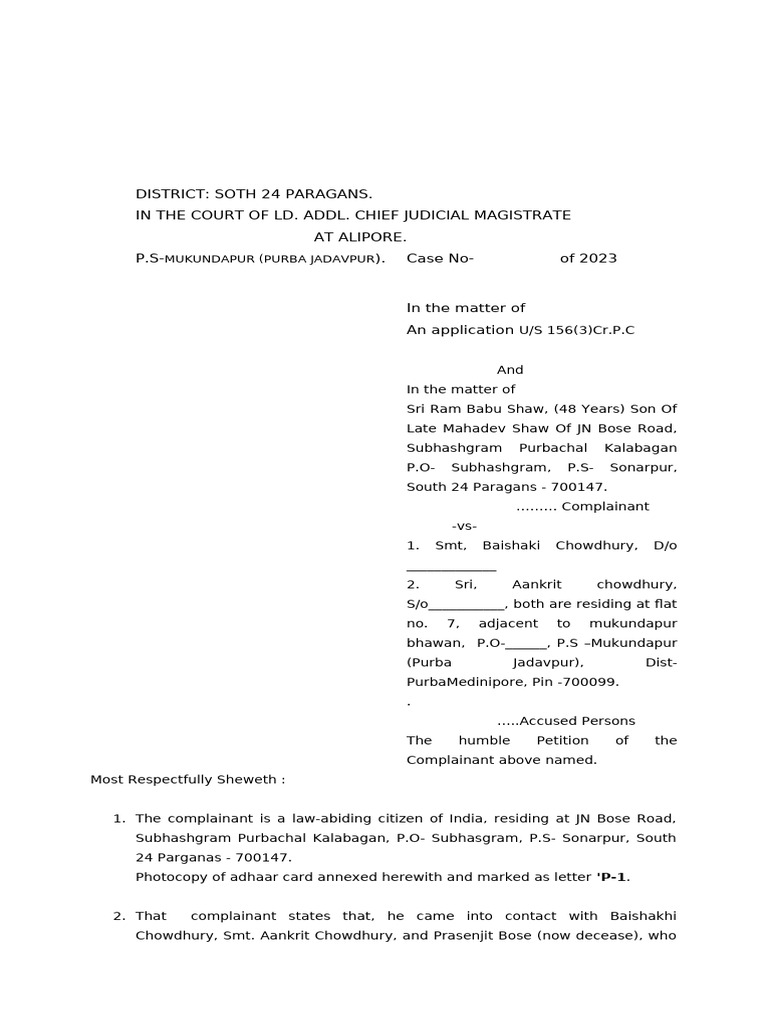 Ram Babu Shaw 156 3 Cr P C Petition PDF Affidavit Justice