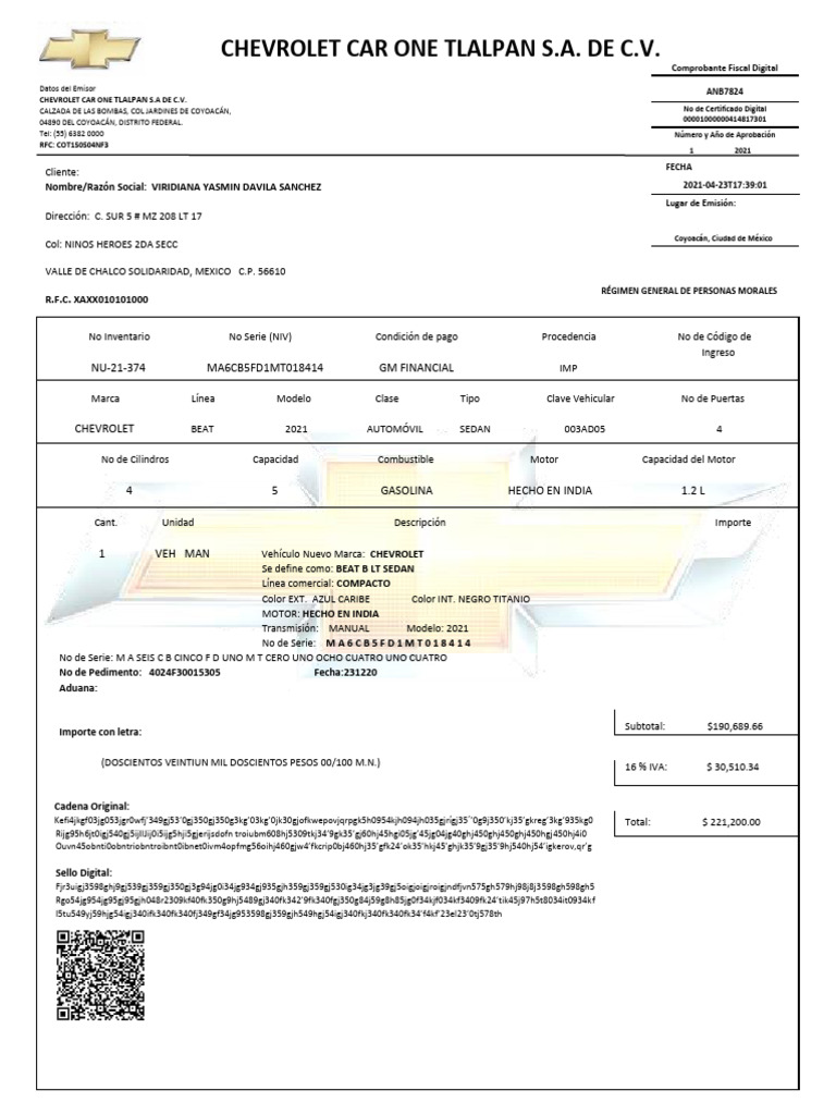 Factura Origen Chevrolet | PDF | Vehículos con tracción trasera ...