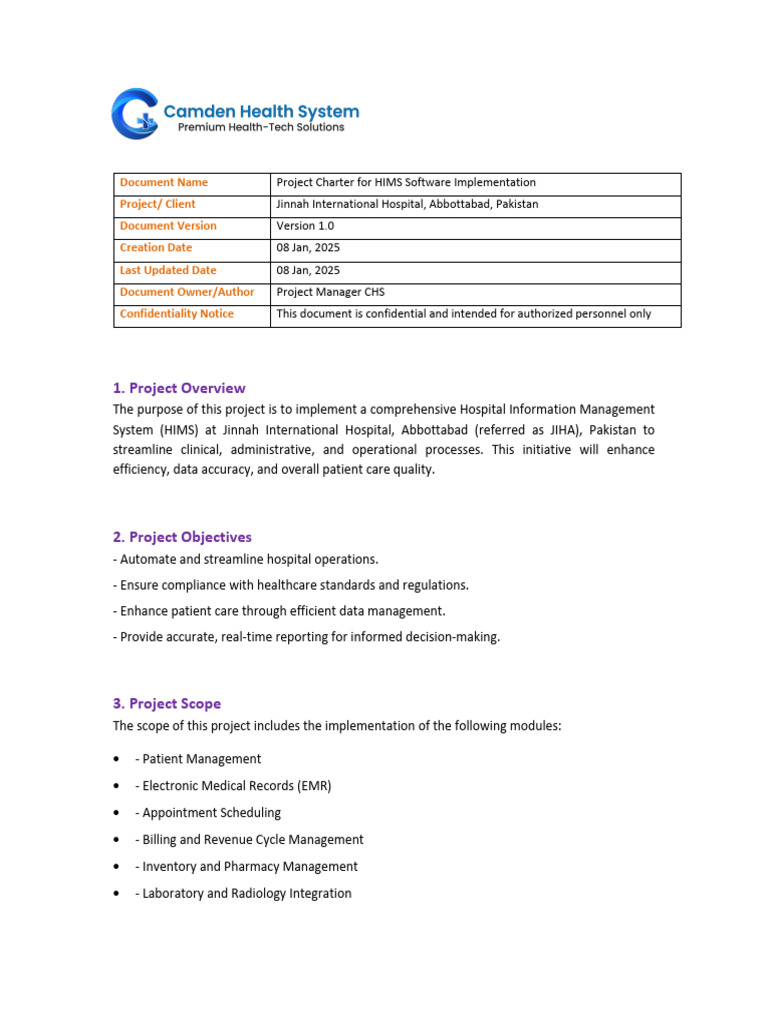 HIMS Implementation Project Charter | PDF | Electronic Health Record ...