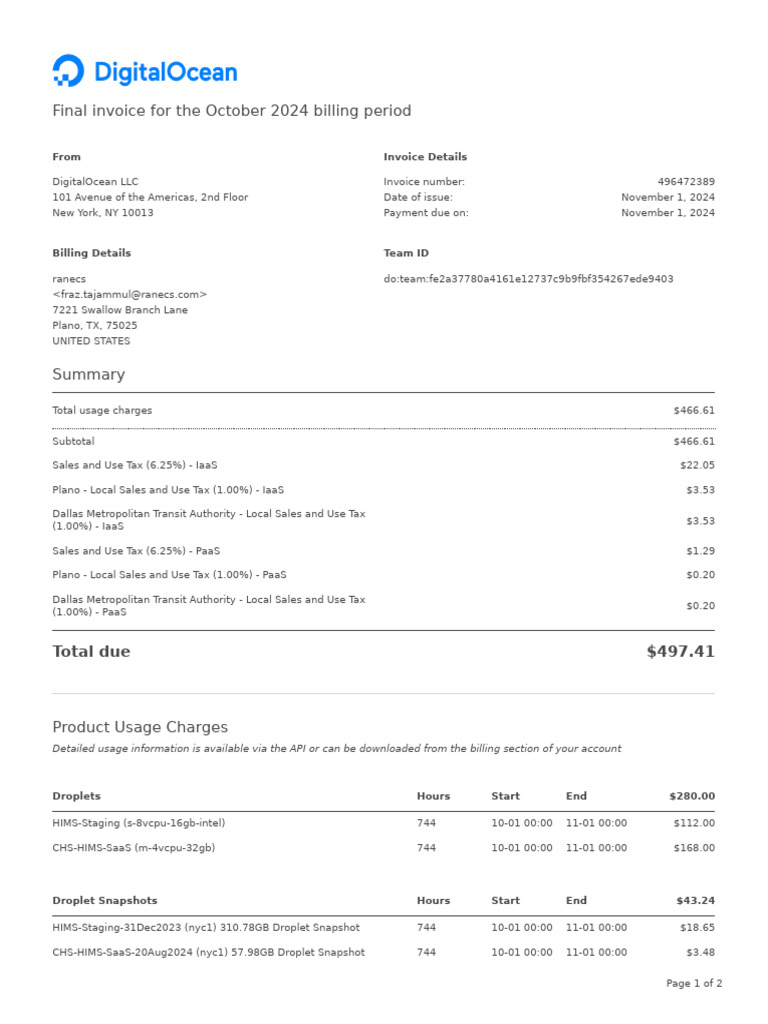 DigitalOcean Invoice 2024 Oct (1590998-496472389) (2) | PDF | Data ...