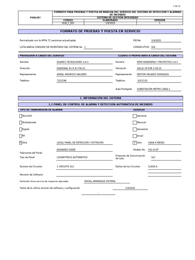 QUA - F - 001 Formato para Prueba y Puesta en Marcha Sistema Detección y Alarma | PDF | Fuente ...
