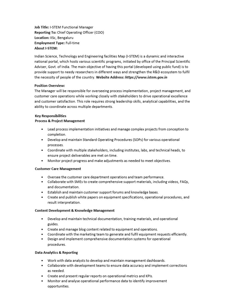I-STEM Functional Manager Role at IISc | PDF | Project Management ...