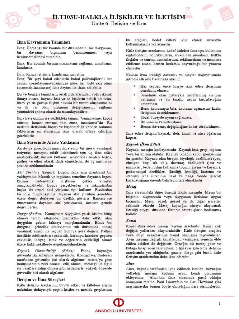 Lt103U-Halkla L K Ler Ve LET M: Ünite 6: Leti Im Ve Kna | PDF