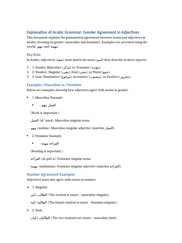 Arabic Adjective Gender Rules | PDF | Grammatical Gender | Grammatical ...
