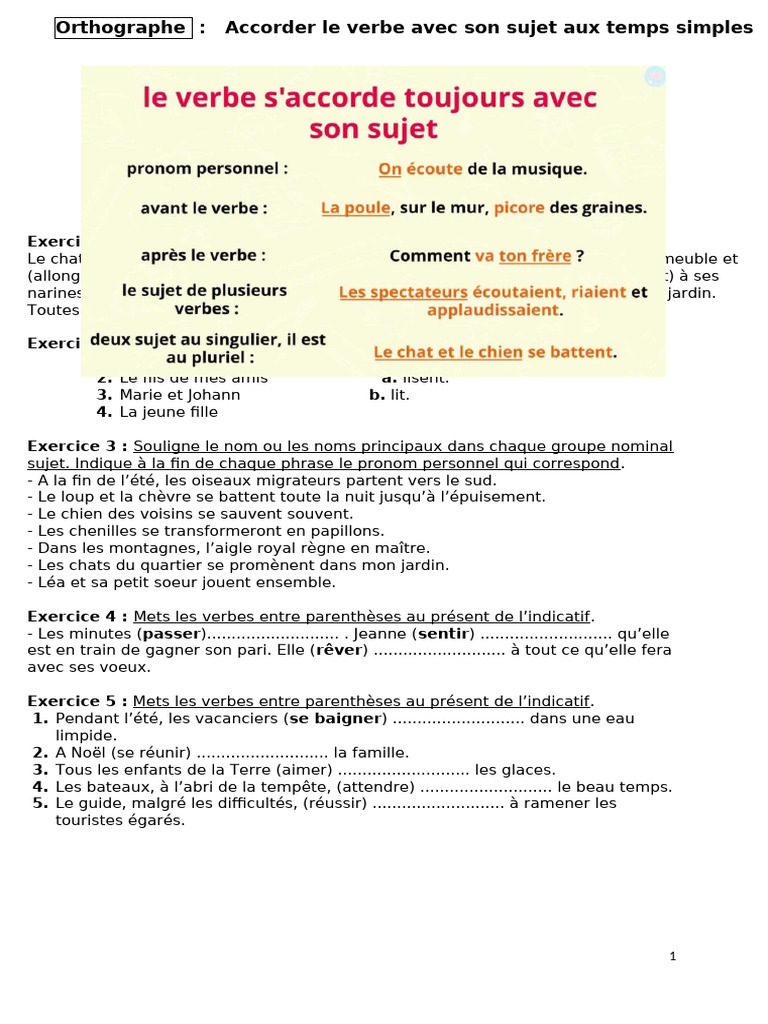 Accord du verbe avec le sujet CM2 | PDF