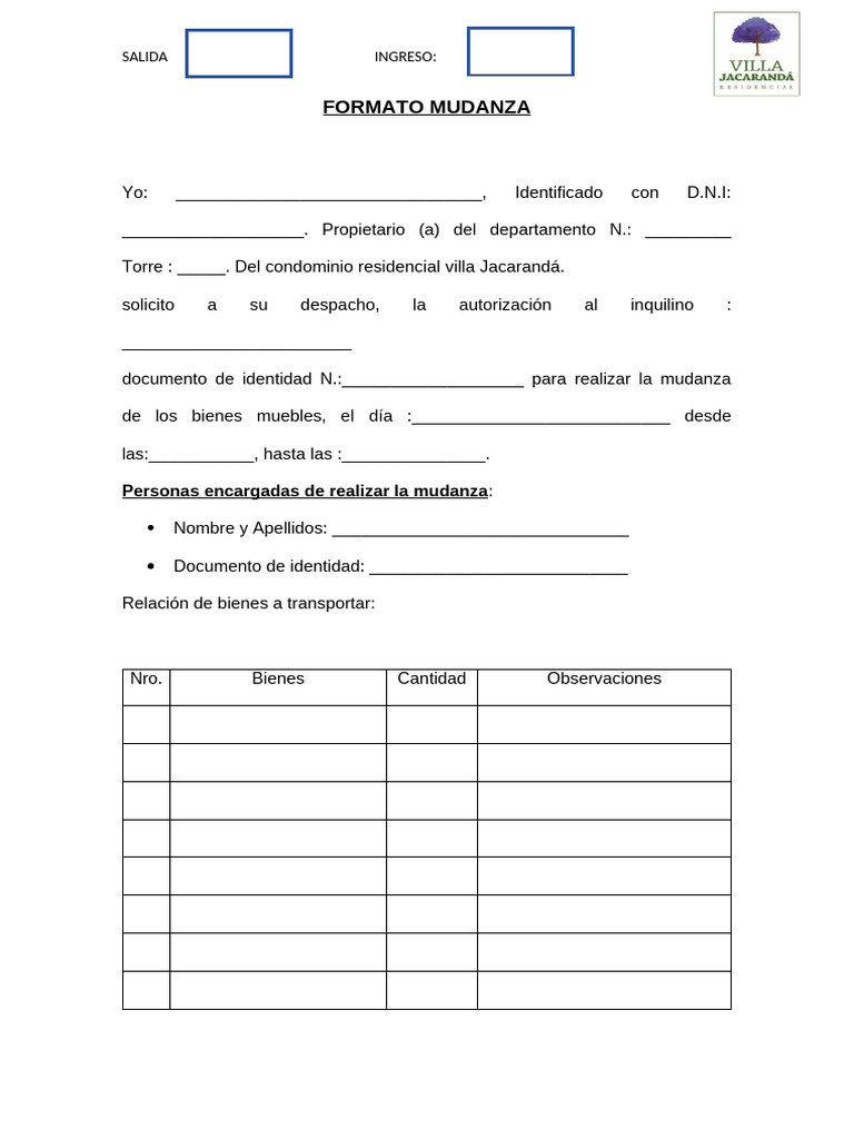 Formato de Solicitud de Mudanza | PDF | Documento de identidad | Condominio
