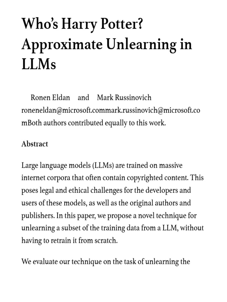 Who's Harry Potter? Approximate Unlearning in LLMs | PDF | Machine Learning | Harry Potter