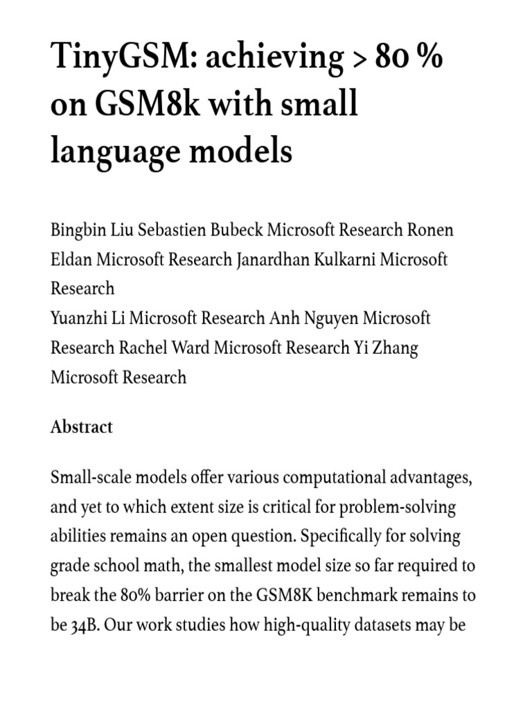 TinyGSM: Achieving 80% On GSM8k With Small Language Models | PDF | Robust Statistics | Mathematics