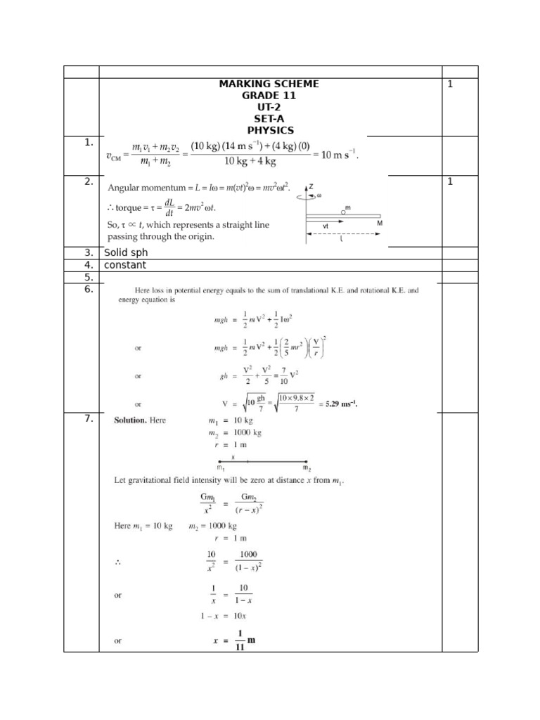 Grade 11 Physics UT-2 Marking Scheme | PDF