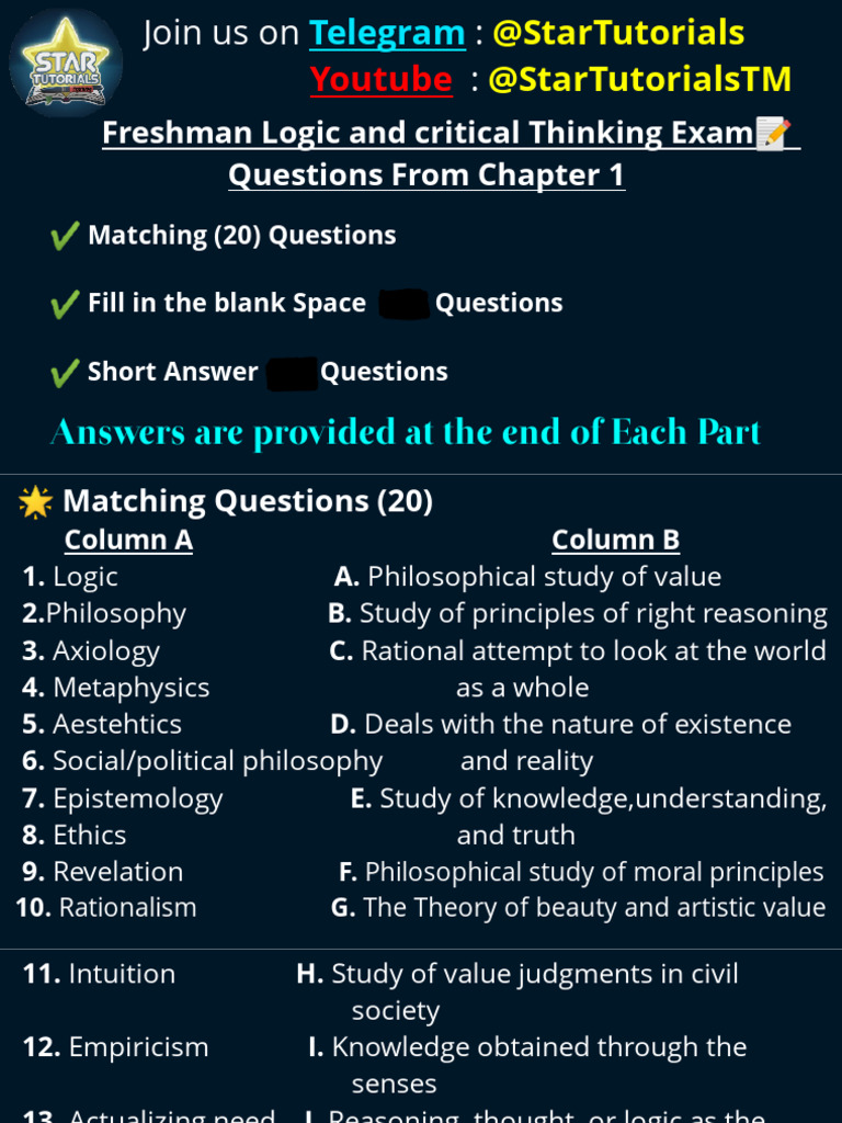 @StarTutorials Logic LOCT Chapter 1 Practice Questions For Freshman | PDF | Metaphysics ...