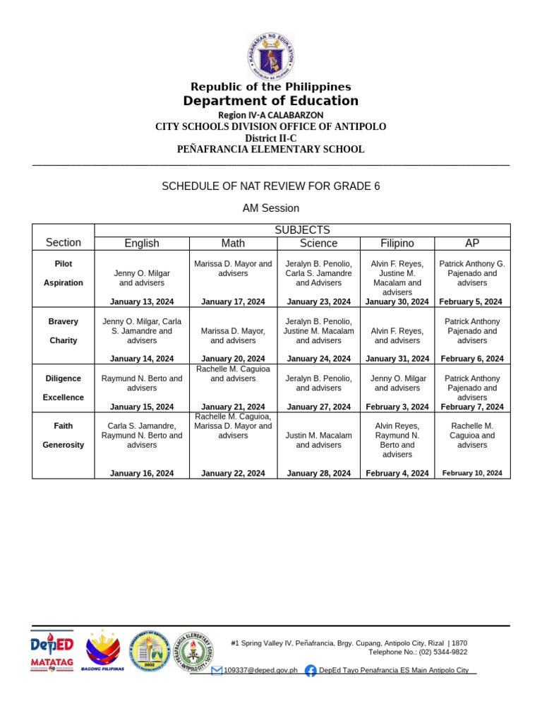 Grade 6 NAT Review Schedule 2024 | PDF