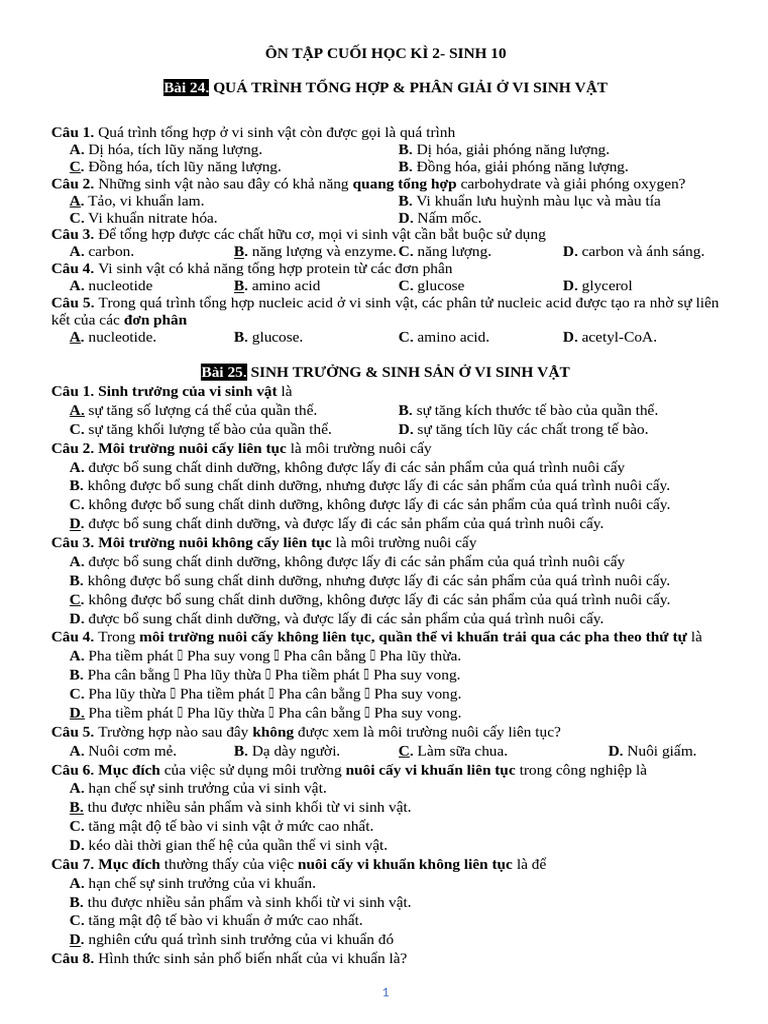 Ôt Trac Nghiem Sinh 10 Cuoi Hkii | PDF