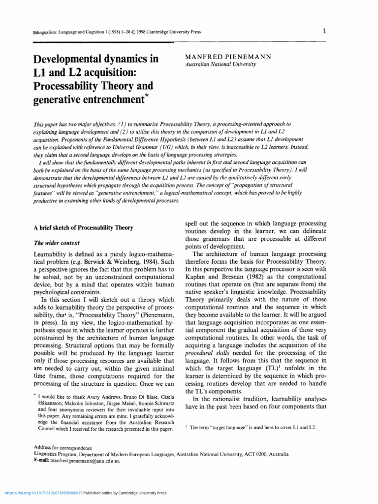 5.developmental Dynamics in l1 and l2 Acquisition Processability Theory and Generative ...