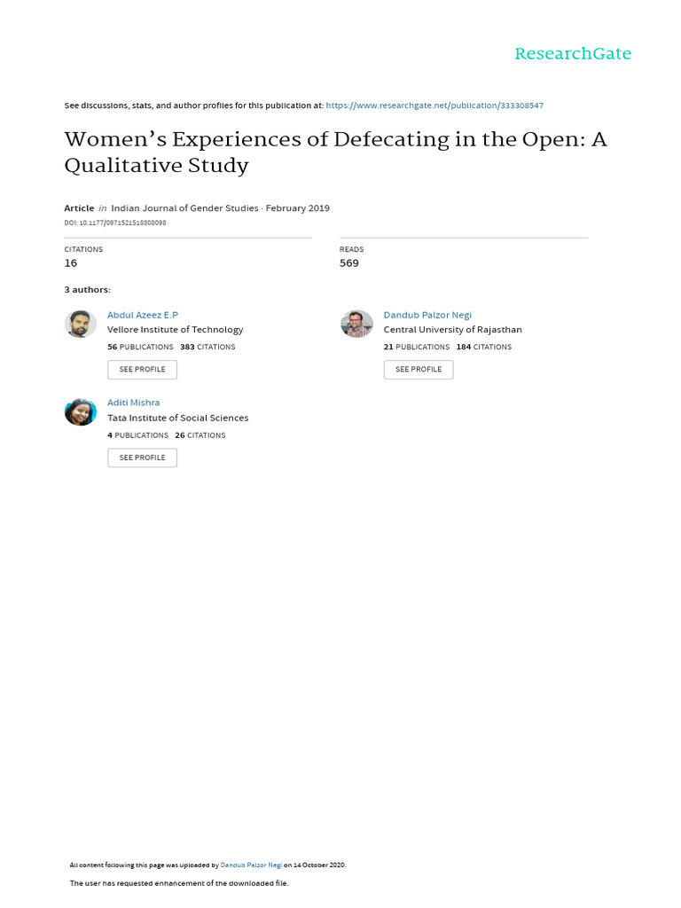 Women's Experiences of Open Defecation | PDF | Sanitation | Hygiene