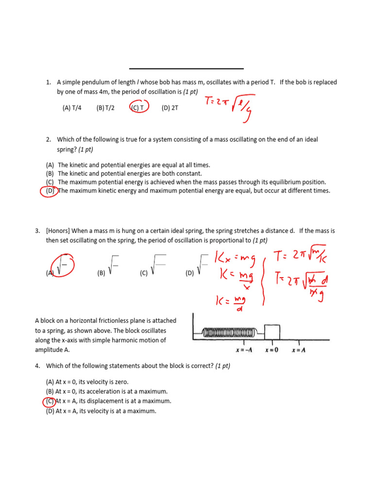 Simple Harmonic Motion Quiz (1) Answers | PDF