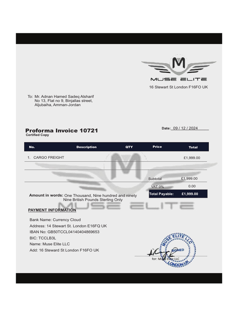 Proforma Invoice for Cargo Freight Payment | PDF
