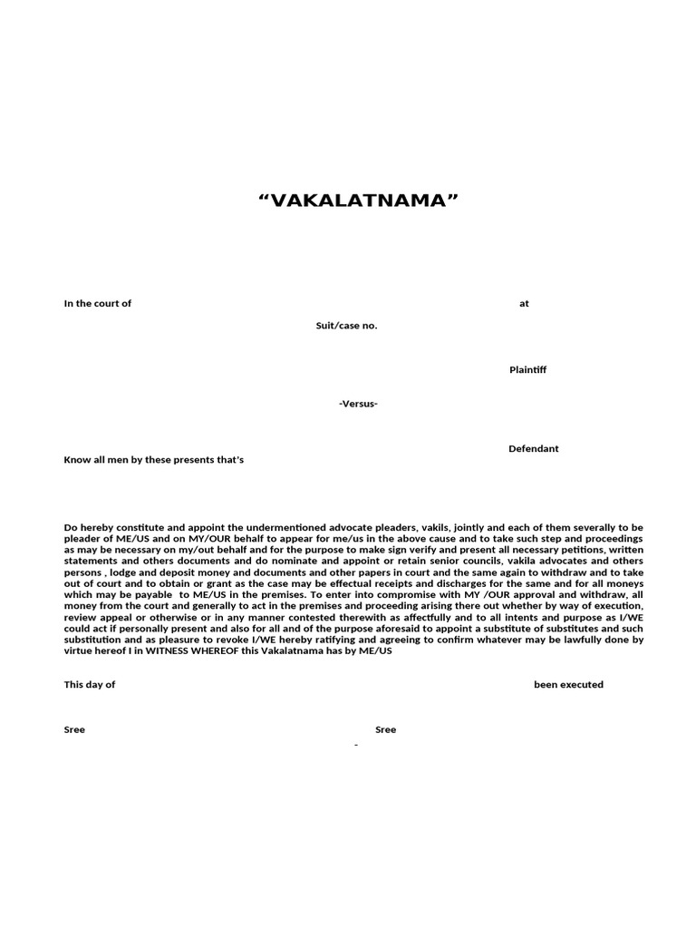 Vakalatnama Format Lower Court | PDF
