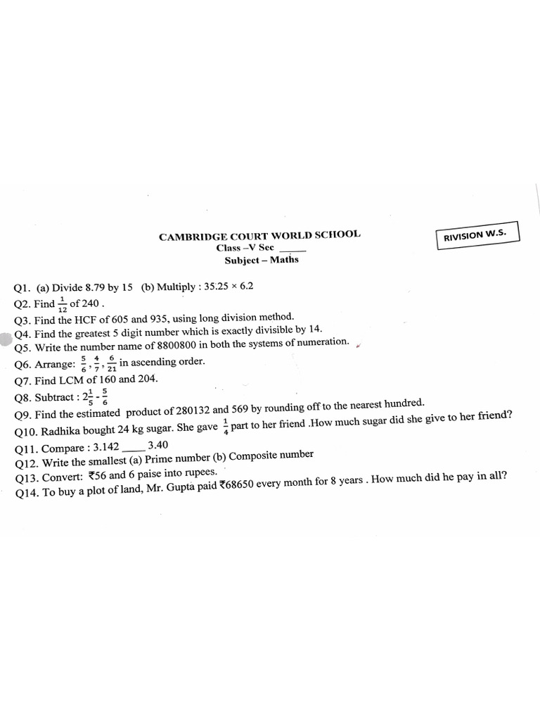 Grade V Practice Worksheet | PDF