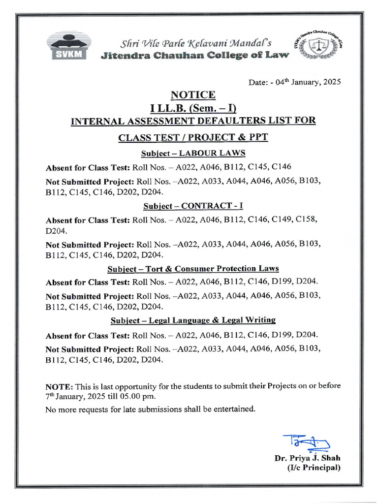 Internal Assessment Defaulters List Sem - 1 | PDF