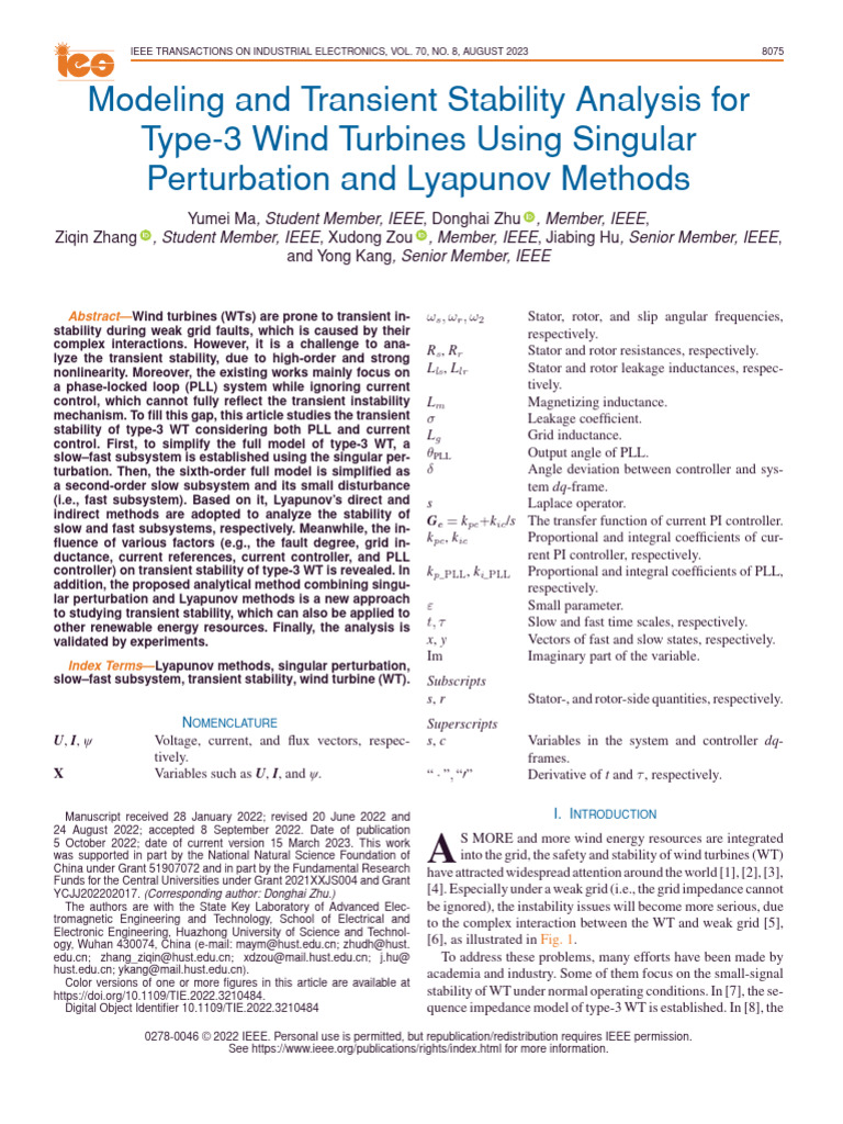 Modeling and Transient Stability Analysis For Type-3 Wind Turbines Using Singular Perturbation ...