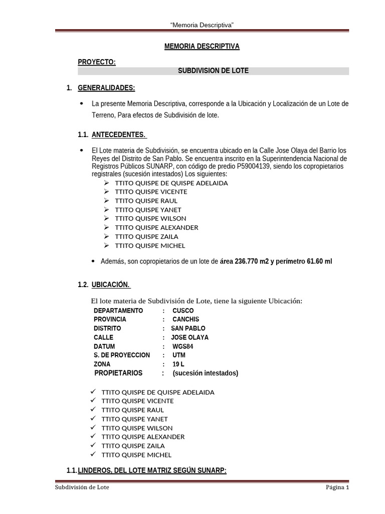 Mem. Descriptiva Sub Division - Jose Olaya | PDF | Geodesia ...