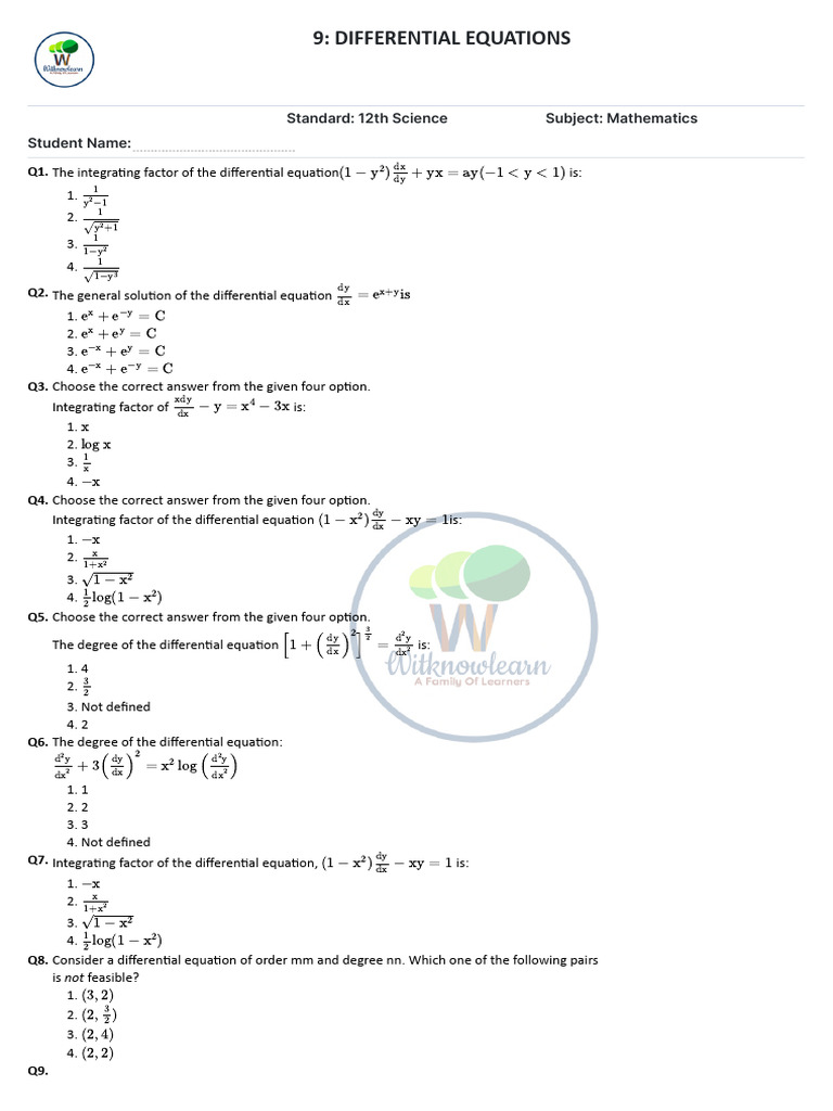 Ncert Maths Class 12th Differential Equation 100 Questions With ...