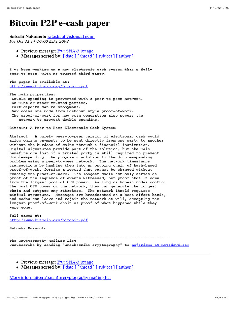 Bitcoin P2P e-cash paper | PDF | Bitcoin | Peer To Peer