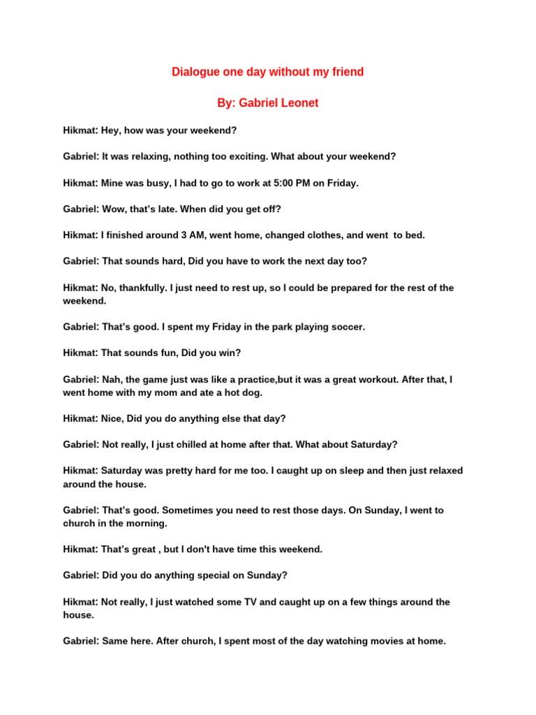 Dialogue One Day Without My Friend Gabriel Leonet | PDF