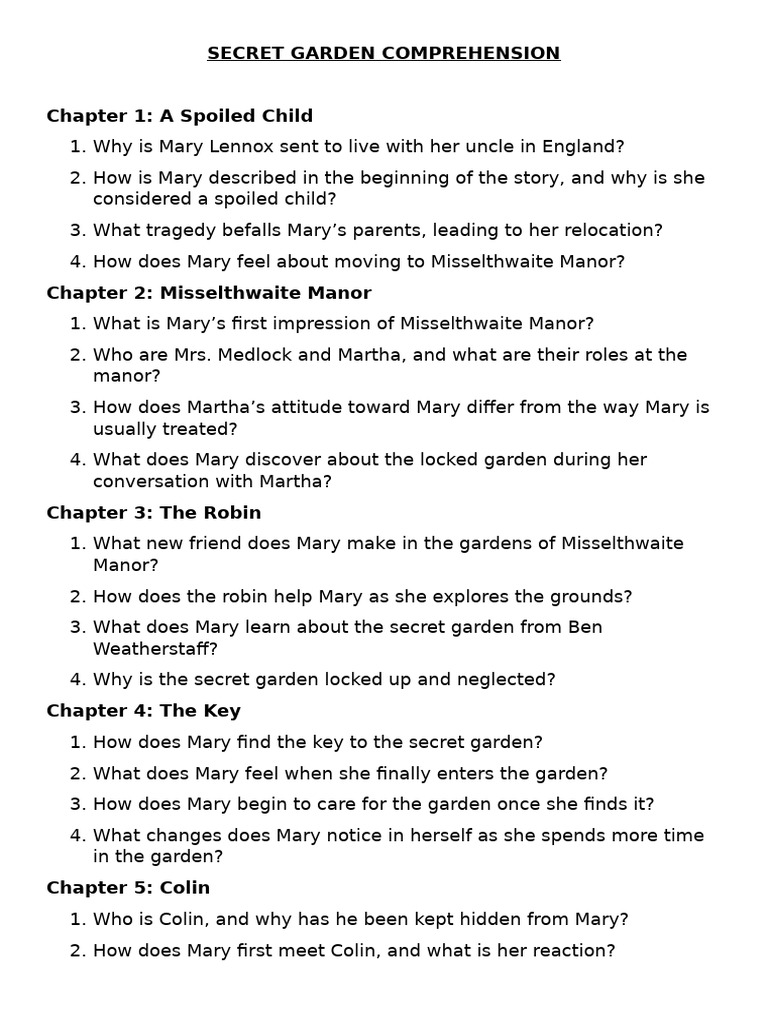 Secret Garden Chapter 1 Comprehension | PDF | The Secret Garden ...