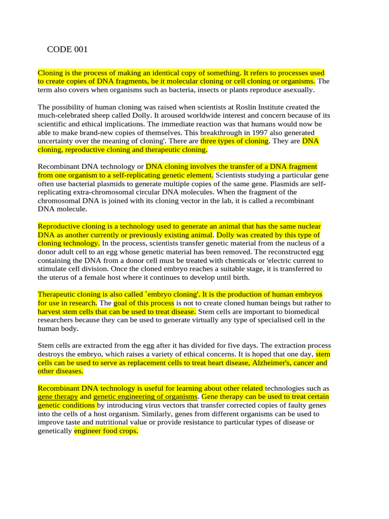 CODE 001 | PDF | Cloning | Molecular Cloning